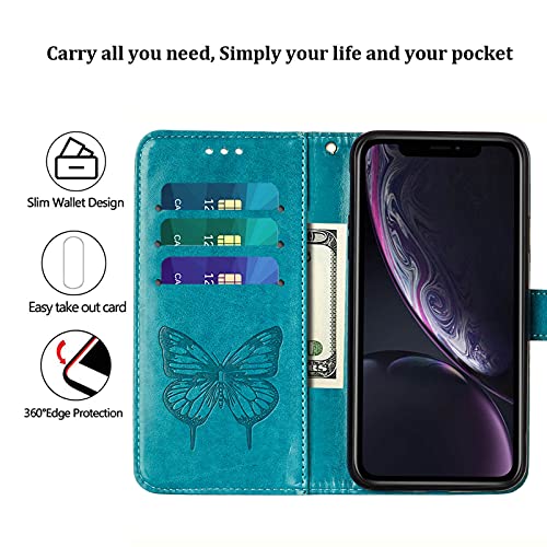 Phone Case for iPhone XR Wallet,Card Holder [Kickstand][Wrist Strap] Butterfly Floral Embossed for Women PU Leather Flip Protective Cover for iPhone XR Cases 2021 (Blue)
