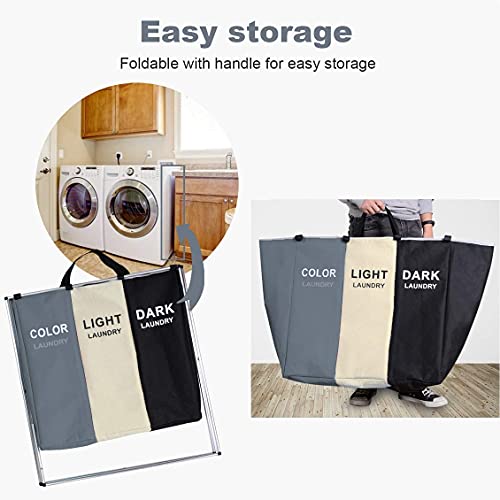 QQUN 3 Sections Laundry Hamper Cloth Basket Sorter Hamper Bin Collapsible Washing Storage Dirty Clothes Bag with Handle for Clothes, Toys, College Dorms, Bedroom, Bathroom (Grey-Black-White), 135L