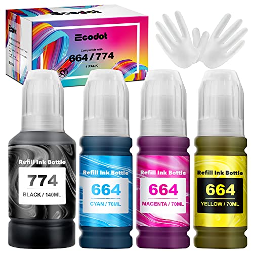 ecodot Compatible Refill Ink Bottle Replacement for Epson 774 664 T774 T664 High Capacity for ecotank ET-2650, ET-16500, ET-4500, ET-2550, ET-3600, Printer (Black, Cyan, Magenta, Yellow, 4 Pack)