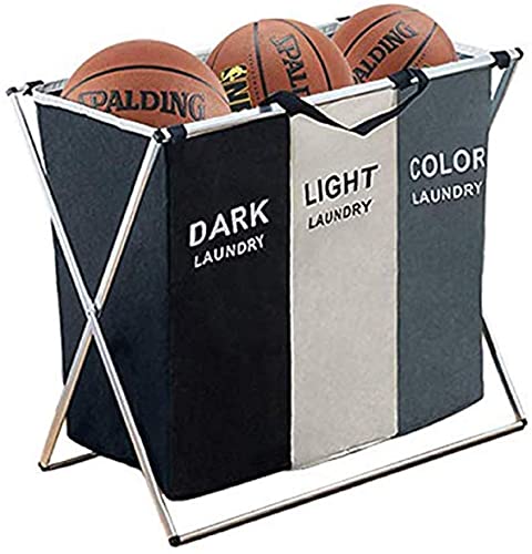 QQUN 3 Sections Laundry Hamper Cloth Basket Sorter Hamper Bin Collapsible Washing Storage Dirty Clothes Bag with Handle for Clothes, Toys, College Dorms, Bedroom, Bathroom (Grey-Black-White), 135L