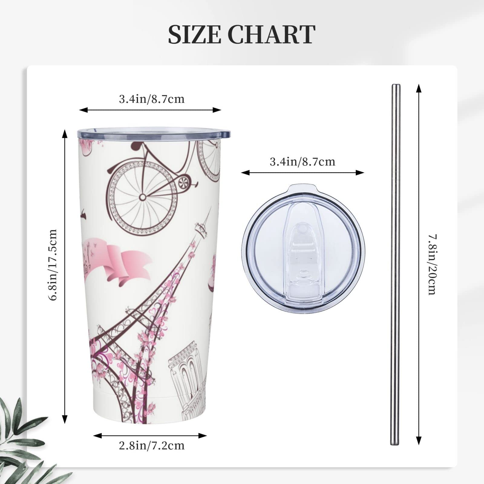 MORYEN 20 OZ Tumbler Double Wall Stainless Steel Cup Romantic Paris Butterfly Eiffel Printed Vacuum Insulated Coffee Cups Car Mug Home Office Travel