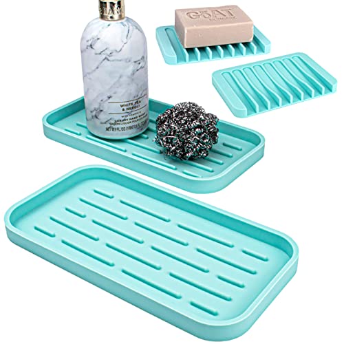 UHMER Silicone Sink Tray & Self Draining Soap Dish 4-Pack, Multipurpose Silicone Sponge Holder & Kitchen Sink Tray Set for Soap Bottles, BPA-Free Flexible Silicone Trays (Turquoise)