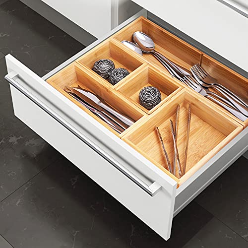 Fabsome Bamboo Drawer Organizer Box Set, 5 Individual Storage Containers for Makeup Utensil, Drawer Organization for Kitchen, Vanity, Dresser, Pantry, Garage, Office