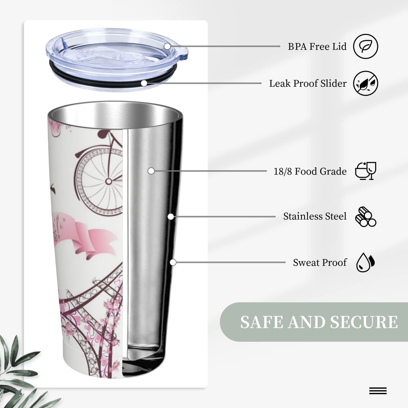 MORYEN 20 OZ Tumbler Double Wall Stainless Steel Cup Romantic Paris Butterfly Eiffel Printed Vacuum Insulated Coffee Cups Car Mug Home Office Travel