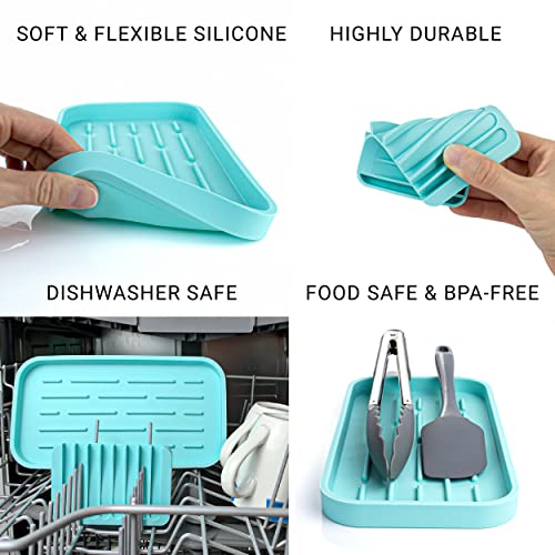 UHMER Silicone Sink Tray & Self Draining Soap Dish 4-Pack, Multipurpose Silicone Sponge Holder & Kitchen Sink Tray Set for Soap Bottles, BPA-Free Flexible Silicone Trays (Turquoise)