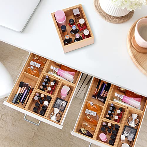 Fabsome Bamboo Drawer Organizer Box Set, 5 Individual Storage Containers for Makeup Utensil, Drawer Organization for Kitchen, Vanity, Dresser, Pantry, Garage, Office