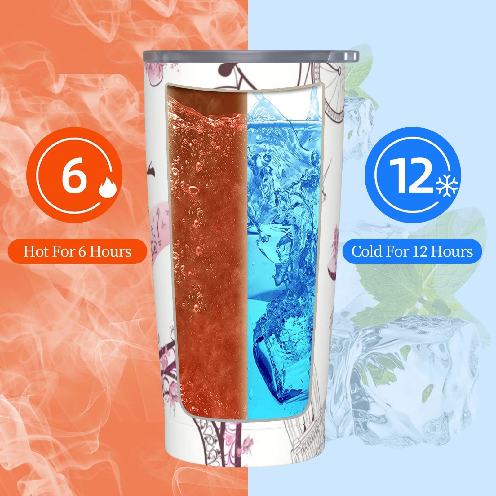 MORYEN 20 OZ Tumbler Double Wall Stainless Steel Cup Romantic Paris Butterfly Eiffel Printed Vacuum Insulated Coffee Cups Car Mug Home Office Travel