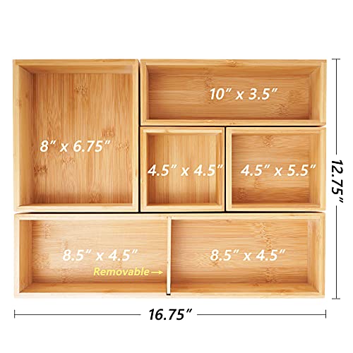 Fabsome Bamboo Drawer Organizer Box Set, 5 Individual Storage Containers for Makeup Utensil, Drawer Organization for Kitchen, Vanity, Dresser, Pantry, Garage, Office