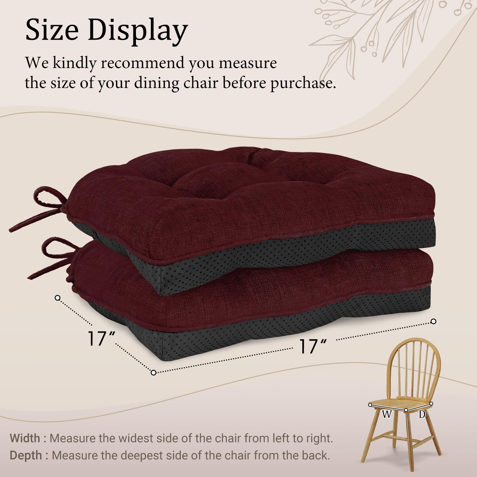 cozyide Chair Cushions for Dining Chairs, 17" x 17" Non-Slip Kitchen Chair Pads with Adjustable Ties, Memory Foam Indoor Chair Cushions for Dining Room, Burgundy (Pack of 4)