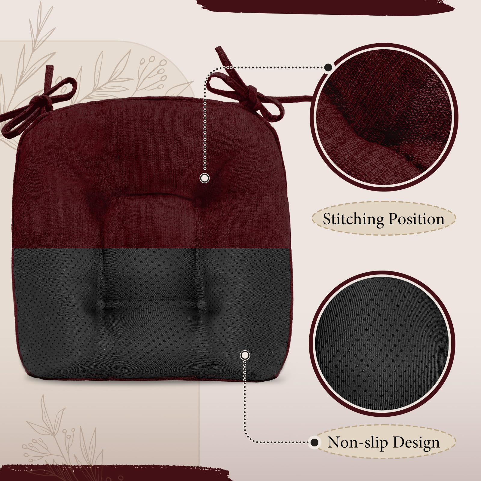 cozyide Chair Cushions for Dining Chairs, 17" x 17" Non-Slip Kitchen Chair Pads with Adjustable Ties, Memory Foam Indoor Chair Cushions for Dining Room, Burgundy (Pack of 4)