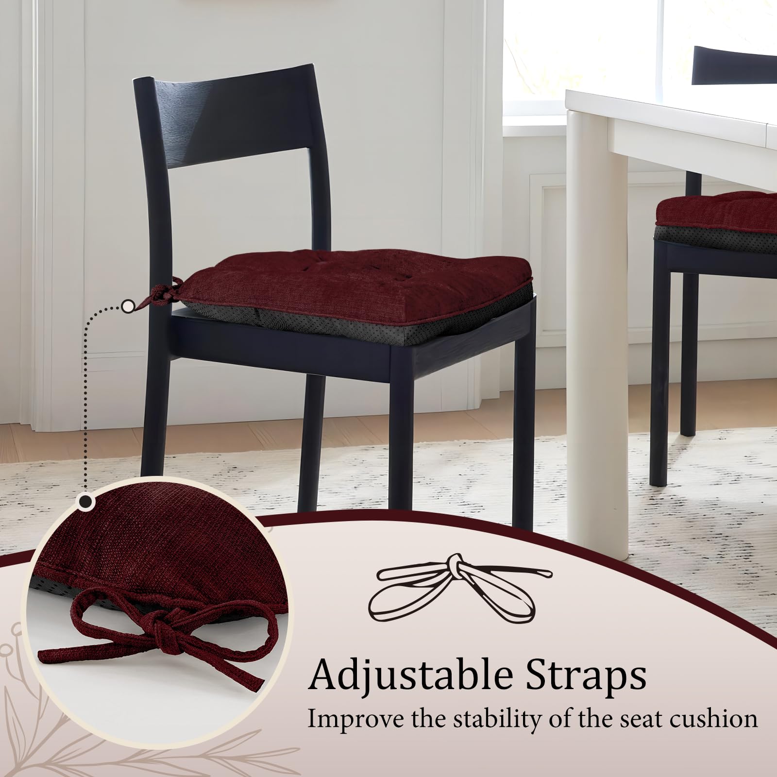 cozyide Chair Cushions for Dining Chairs, 17" x 17" Non-Slip Kitchen Chair Pads with Adjustable Ties, Memory Foam Indoor Chair Cushions for Dining Room, Burgundy (Pack of 4)