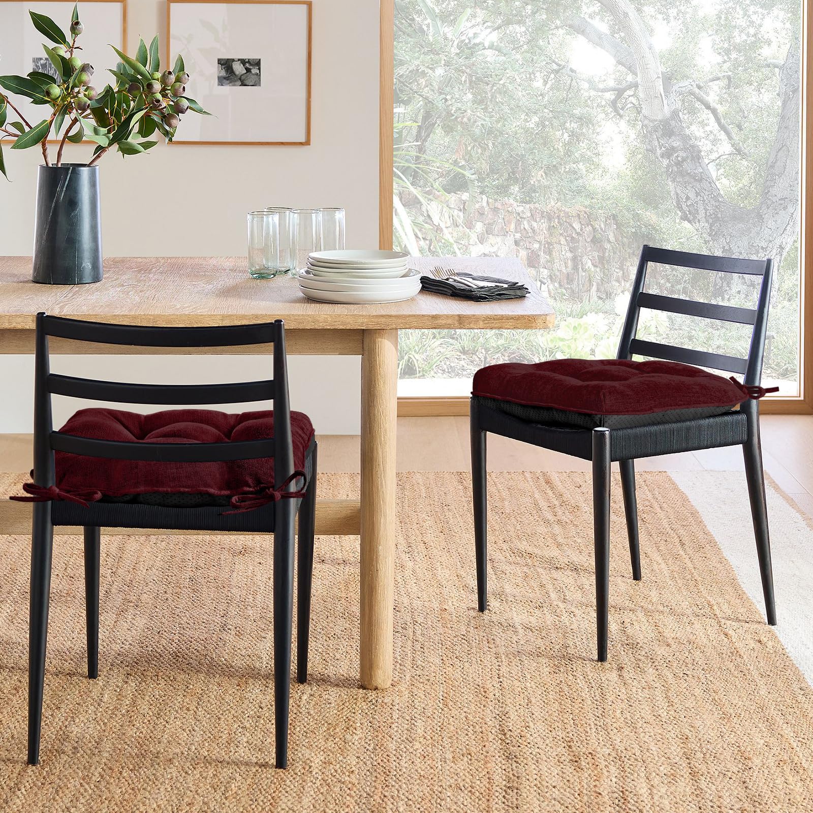 cozyide Chair Cushions for Dining Chairs, 17" x 17" Non-Slip Kitchen Chair Pads with Adjustable Ties, Memory Foam Indoor Chair Cushions for Dining Room, Burgundy (Pack of 4)