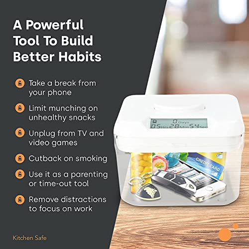 KSafe Timer Lock Box for Phones, Snacks & Medications - Cell Phone Jail & Food Safe with Timer - Time Locking Container for Better Habits & Addiction Management (Mini, White Lid + 3.0β Clear Base)