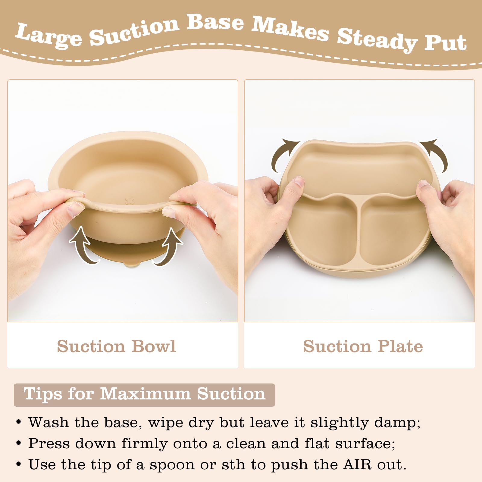 Silicone Baby Feeding Set, Baby Led Weaning Supplies with Suction Bowl Divided Plate, Toddler Self Feeding Dish Set with Spoons Forks Sippy Cup Adjustable Bib, Eating Utensils for 6+ Months(Khaki)
