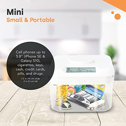 KSafe Timer Lock Box for Phones, Snacks & Medications - Cell Phone Jail & Food Safe with Timer - Time Locking Container for Better Habits & Addiction Management (Mini, White Lid + 3.0β Clear Base)