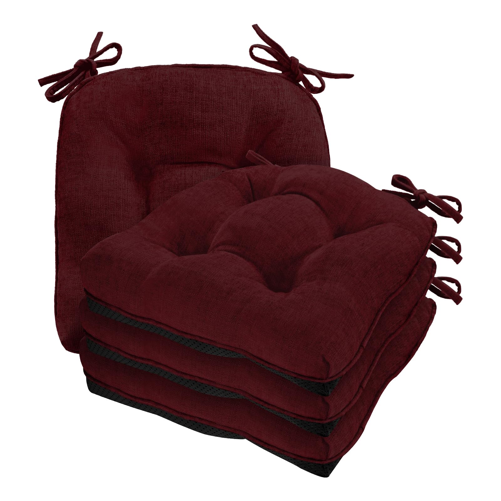 cozyide Chair Cushions for Dining Chairs, 17" x 17" Non-Slip Kitchen Chair Pads with Adjustable Ties, Memory Foam Indoor Chair Cushions for Dining Room, Burgundy (Pack of 4)