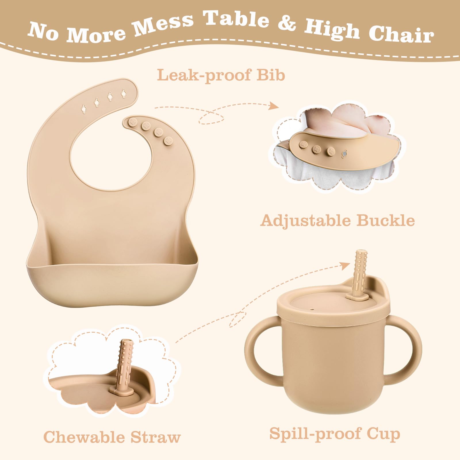 Silicone Baby Feeding Set, Baby Led Weaning Supplies with Suction Bowl Divided Plate, Toddler Self Feeding Dish Set with Spoons Forks Sippy Cup Adjustable Bib, Eating Utensils for 6+ Months(Khaki)