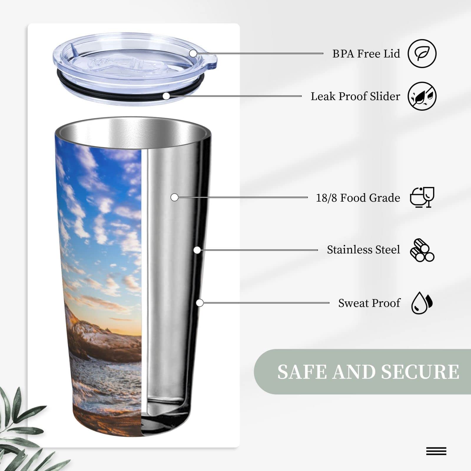 20 OZ Tumbler Double Wall Stainless Steel Cup Ocean Wave Sunset Printed Vacuum Insulated Coffee Cups Car Mug Home Office Travel