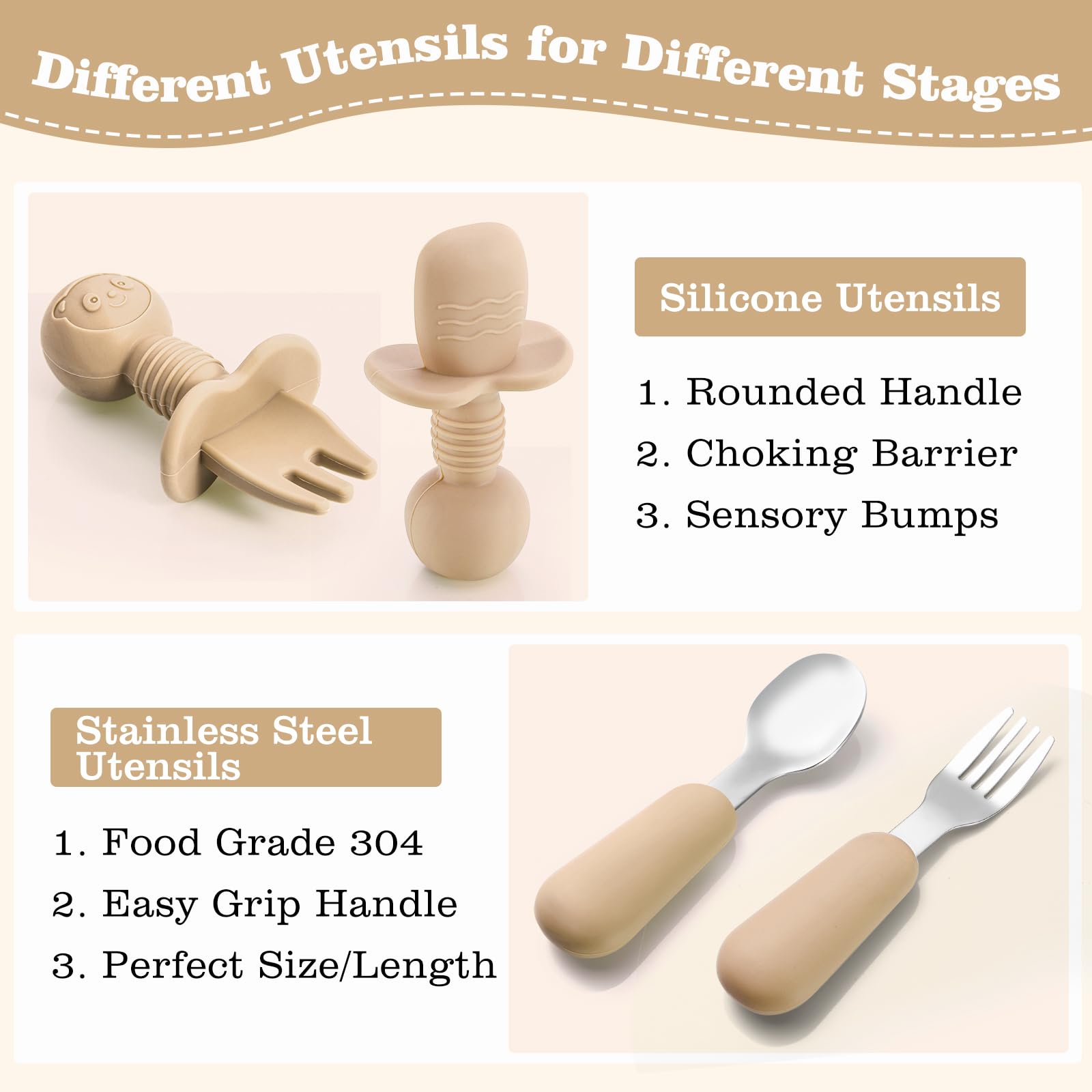 Silicone Baby Feeding Set, Baby Led Weaning Supplies with Suction Bowl Divided Plate, Toddler Self Feeding Dish Set with Spoons Forks Sippy Cup Adjustable Bib, Eating Utensils for 6+ Months(Khaki)