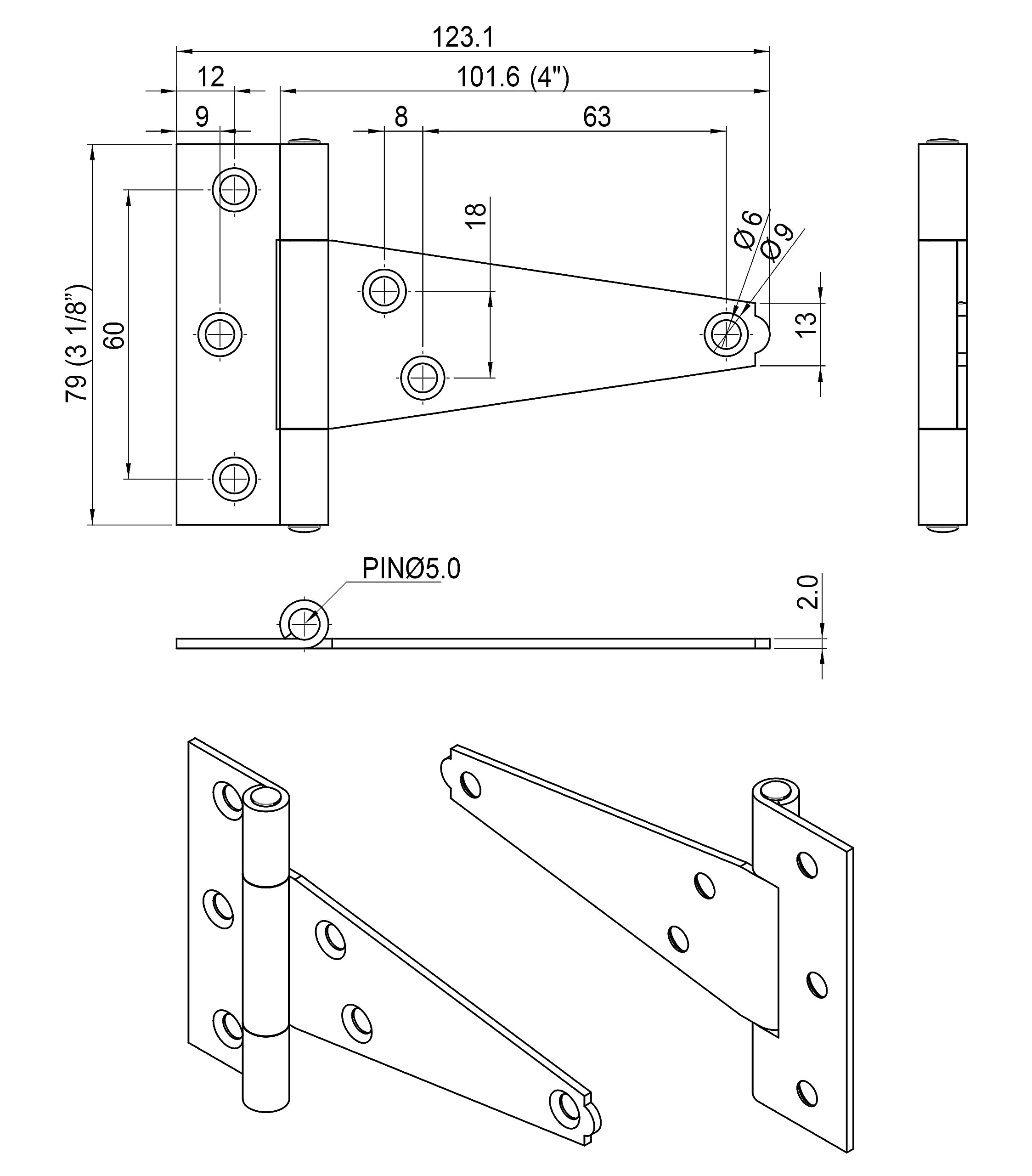 QCAA Stainless Steel Heavy Tee Hinge, 4" x 3-1/8" x 2.0mm, Vibrated Stainless Steel, 6 Pack, Made in Taiwan