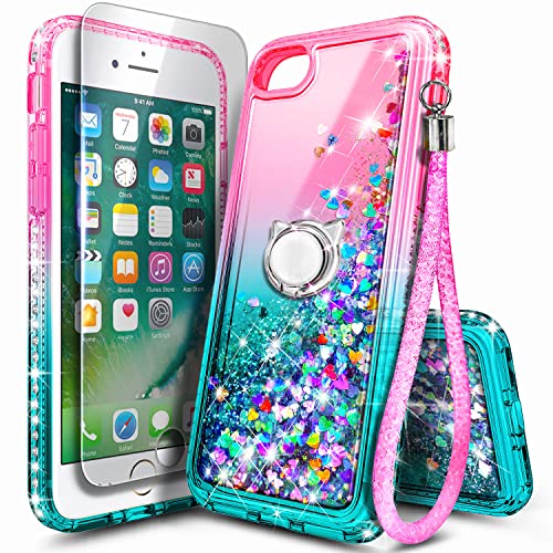 NGB Compatible for iPhone 8 Plus Case, iPhone 7 Plus /6 Plus /6S Plus with Tempered Glass Screen Protector, Ring Holder, Girls Women Kids Liquid Bling Sparkle Glitter Cute Case (Pink/Aqua)