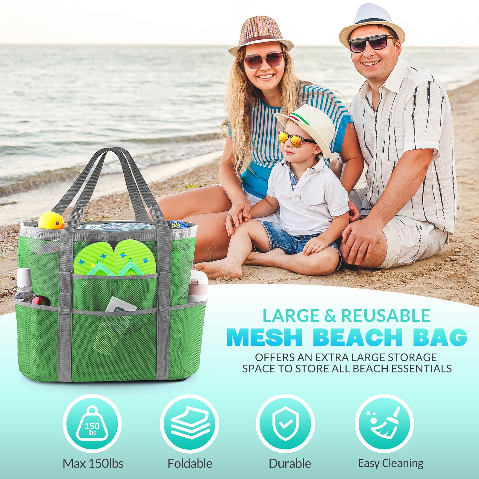 EASYFUN Beach Bag Large Mesh Beach Bag Lightweight Beach Tote with 9 Pockets Foldable Vacation Trip Essentials