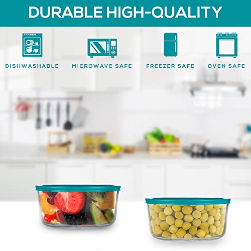 Klareware 4 Cup Glass Food Storage Containers Stackable Meal Prep Lunch Bento or leftover salad bowls Dish w BPA Free Lids (Turquoise)
