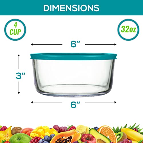 Klareware 4 Cup Glass Food Storage Containers Stackable Meal Prep Lunch Bento or leftover salad bowls Dish w BPA Free Lids (Turquoise)