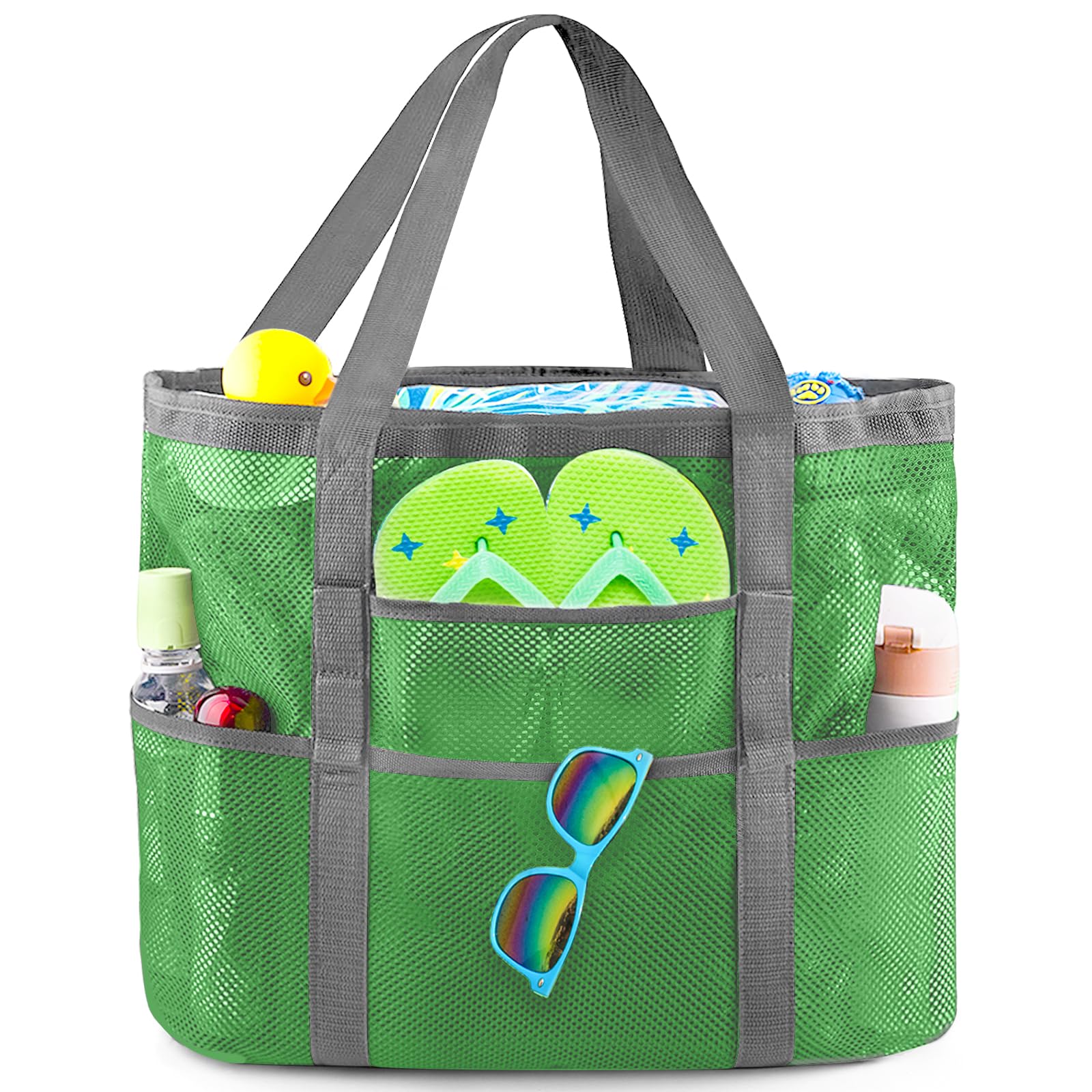 EASYFUN Beach Bag Large Mesh Beach Bag Lightweight Beach Tote with 9 Pockets Foldable Vacation Trip Essentials