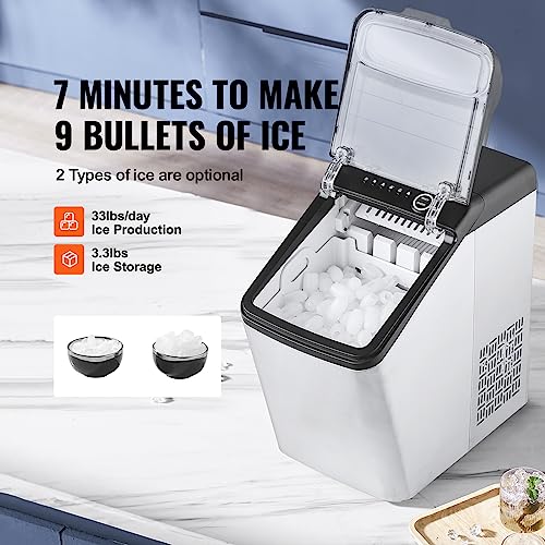 VEVOR Ice Maker Countertop, 33lbs in 24 Hours, Manual & Auto Refill Self Cleaning Countertop Ice Maker for Home Kitchen Camping Office, 9 Cubes Ready in 7 Minutes, with Scoop and Basket