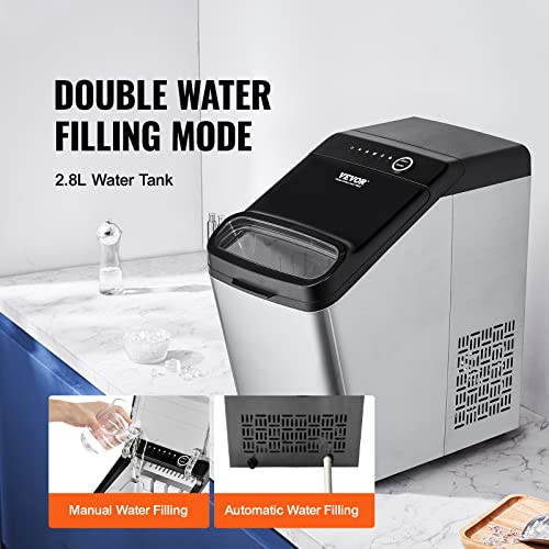 VEVOR Ice Maker Countertop, 33lbs in 24 Hours, Manual & Auto Refill Self Cleaning Countertop Ice Maker for Home Kitchen Camping Office, 9 Cubes Ready in 7 Minutes, with Scoop and Basket