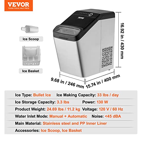 VEVOR Ice Maker Countertop, 33lbs in 24 Hours, Manual & Auto Refill Self Cleaning Countertop Ice Maker for Home Kitchen Camping Office, 9 Cubes Ready in 7 Minutes, with Scoop and Basket