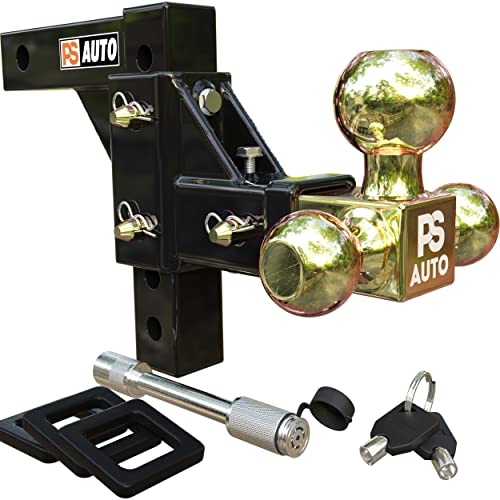 Tri-Ball Adjustable Trailer Hitch – Fits 2-inch Receiver, 5.70-inch Drop, Trailer Hitch, Tri-Ball Hitch, Adjustable, Ball Mount Hitch - 10,000 LBS, 1-7/8, 2 and 2-5/16 inch Balls, Solid Tube Hitch