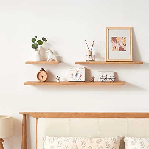 INMAN Floating Shelves for Wall 24 inches Natural Oak Wood Wall Shelves, Wall Mounted Solid Wood Shelf Display Storage Rack for Living Room, Bedroom, Kitchen, Bathroom Decor