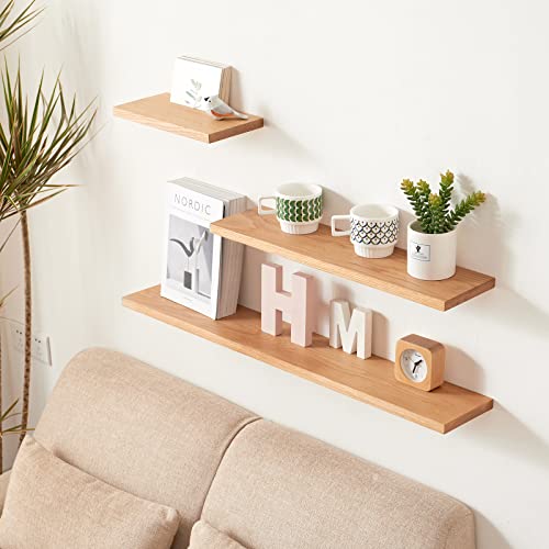 INMAN Floating Shelves for Wall 24 inches Natural Oak Wood Wall Shelves, Wall Mounted Solid Wood Shelf Display Storage Rack for Living Room, Bedroom, Kitchen, Bathroom Decor