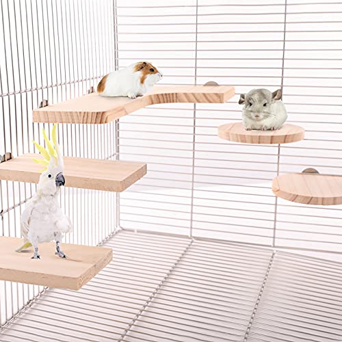 ROZKITCH 5 PCS Hamster Platform, Squirrel Gerbil Chinchilla Dwarf L-Shaped Pedal Natural Wood Activity Playground, Parrot Round Standing Board*2, Bird Perch Cage Toy*2, Play Gym Tray Cage Accessories