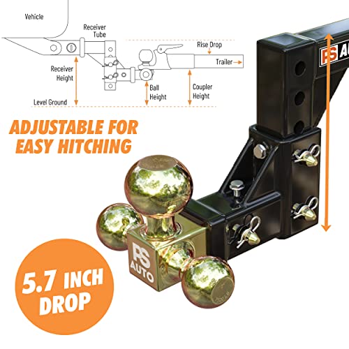 Tri-Ball Adjustable Trailer Hitch β Fits 2-inch Receiver, 5.70-inch Drop, Trailer Hitch, Tri-Ball Hitch, Adjustable, Ball Mount Hitch - 10,000 LBS, 1-7/8, 2 and 2-5/16 inch Balls, Solid Tube Hitch