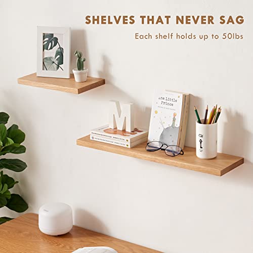 INMAN Floating Shelves for Wall 24 inches Natural Oak Wood Wall Shelves, Wall Mounted Solid Wood Shelf Display Storage Rack for Living Room, Bedroom, Kitchen, Bathroom Decor