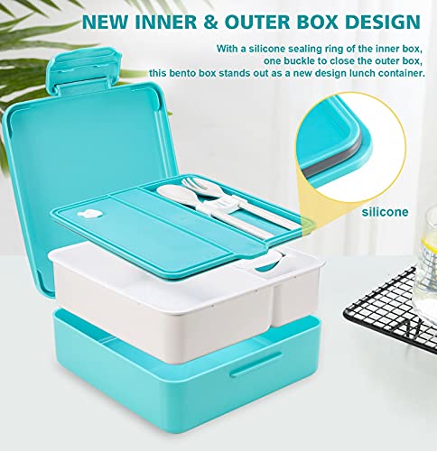 ECHTPower Bento Box, 1.3L Lunch Box with Handle Outer Box for Kids Children, Leak-Proof Lunch Containers with 4 Compartments, Extra Sauce Cup, Cutlery,Food-Safe Materials,Microwave and Dishwasher Safe
