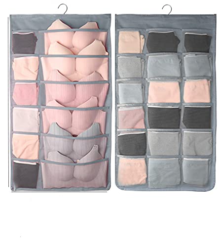 Oxeanus Closet Hanging Organizer with Mesh Pockets And Rotating Metal Hanger,Dual Sided Wall Shelf Wardrobe Storage Bags,Oxford Cloth Space Saver Bag for Bra Underwear Underpants, Gray, 42.5Xx79CM