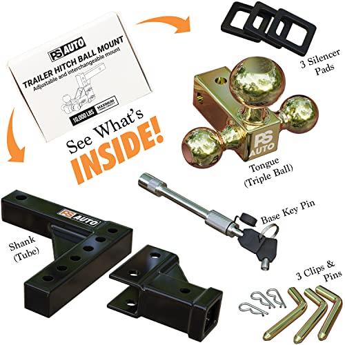 Tri-Ball Adjustable Trailer Hitch β Fits 2-inch Receiver, 5.70-inch Drop, Trailer Hitch, Tri-Ball Hitch, Adjustable, Ball Mount Hitch - 10,000 LBS, 1-7/8, 2 and 2-5/16 inch Balls, Solid Tube Hitch