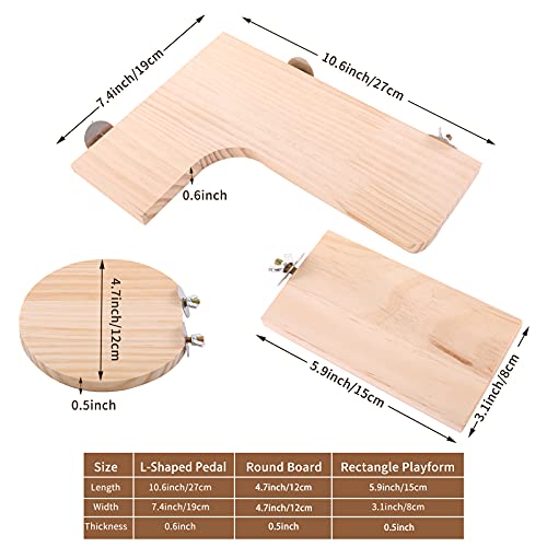 ROZKITCH 5 PCS Hamster Platform, Squirrel Gerbil Chinchilla Dwarf L-Shaped Pedal Natural Wood Activity Playground, Parrot Round Standing Board*2, Bird Perch Cage Toy*2, Play Gym Tray Cage Accessories