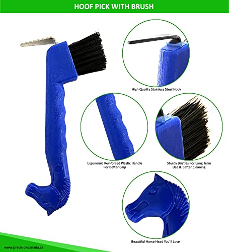 Precision Canada 1Pc Horse Hoof Pick Brush with Soft Touch Plastic Handle, Portable Hoof Pick