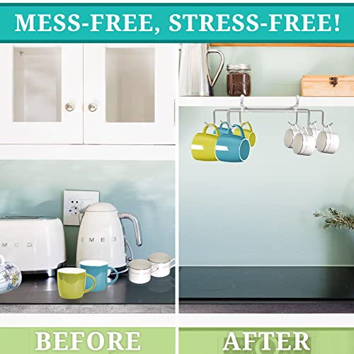 Mug Hooks Under Cabinet 8 Hooks Cabinet Max Thickness 0.78" Steel Wire Coffee Mug Hangers Utensil or Towel Hook Under Shelf Mug Holder with Stronger Grip Adhesive, Cup Rack Organizer for Kitchen, RV