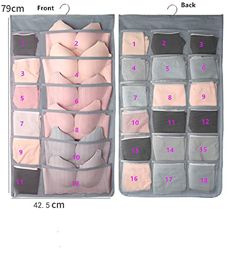 Oxeanus Closet Hanging Organizer with Mesh Pockets And Rotating Metal Hanger,Dual Sided Wall Shelf Wardrobe Storage Bags,Oxford Cloth Space Saver Bag for Bra Underwear Underpants, Gray, 42.5Xx79CM