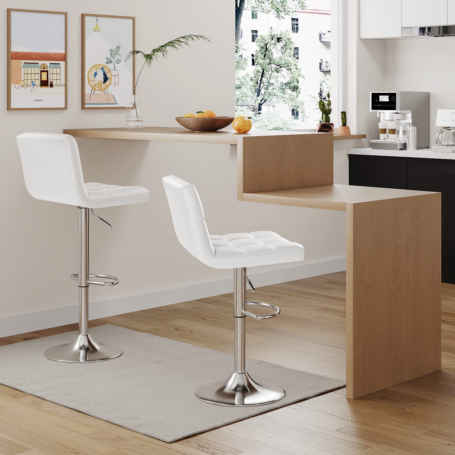 Furmax Bar Stools Modern Pu Leather Swivel Adjustable Hydraulic Bar Stool Square Counter Height Stool Set of 4 (4pcs White)
