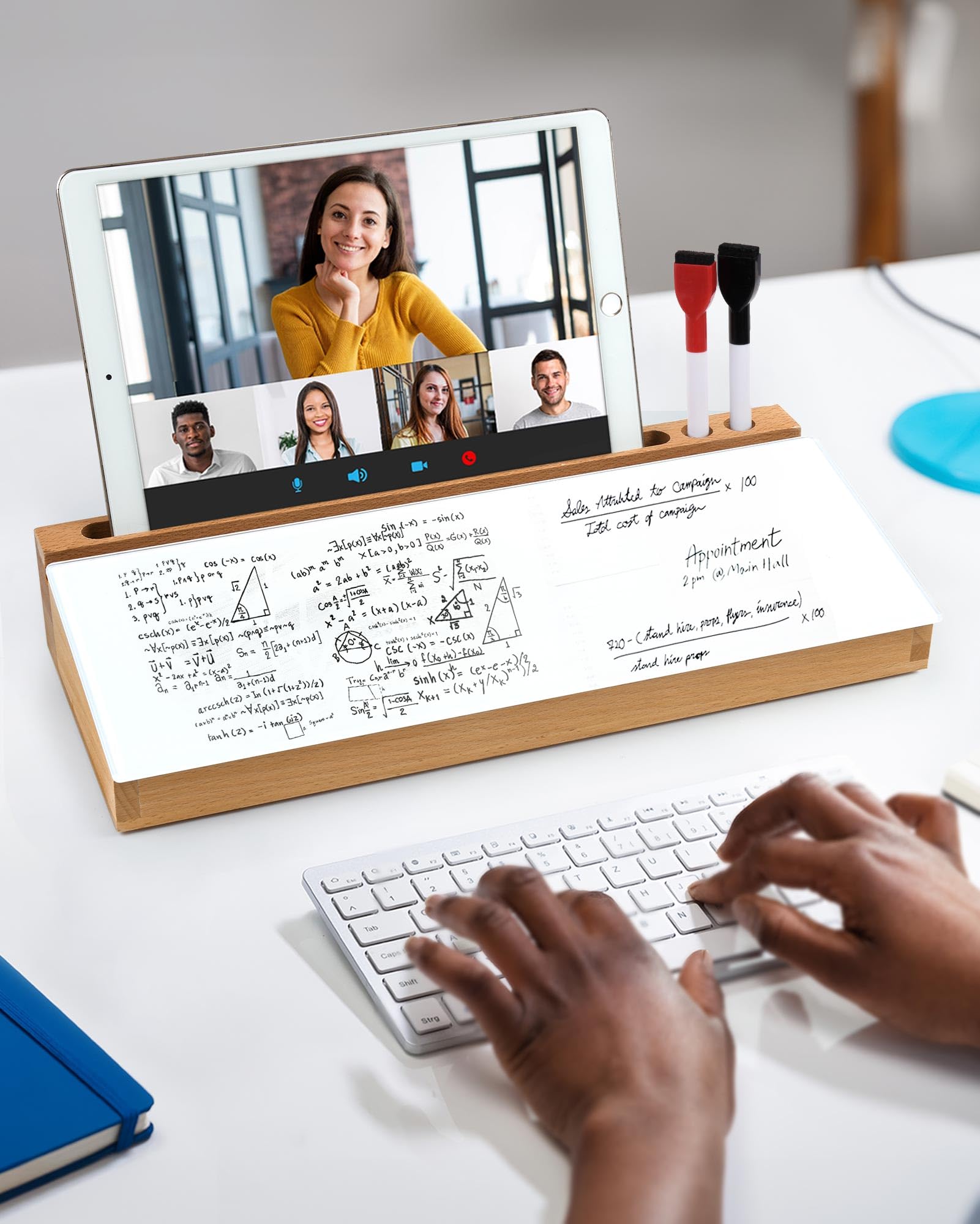BS-VOG Desk Whiteboard, Glass Desktop Dry Erase Board with Wooden Storage Box, Computer Keyboard Stand with Drawer for Home Office Accessories Supplies Organizer, 2 Markers with Eraser Included