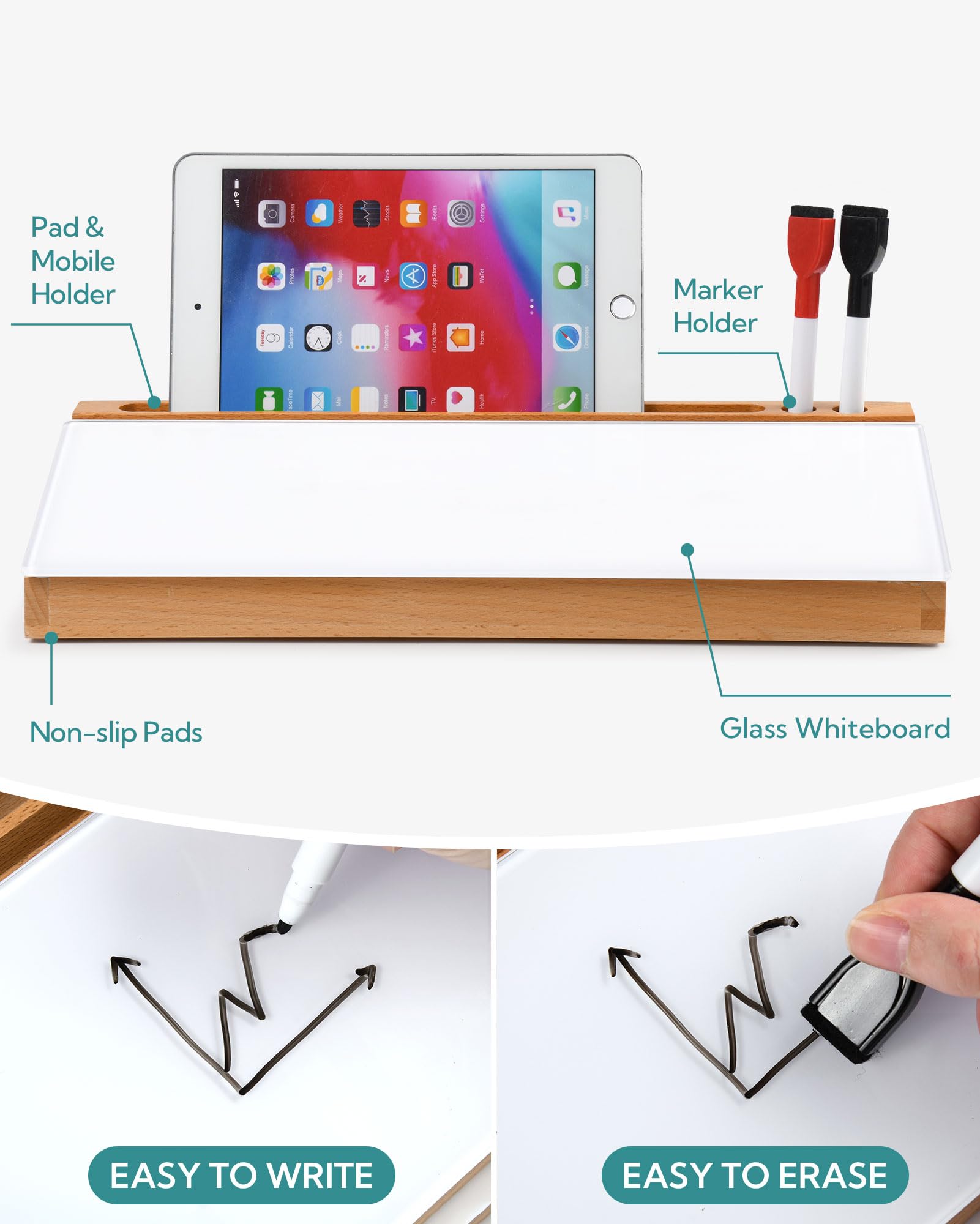 BS-VOG Desk Whiteboard, Glass Desktop Dry Erase Board with Wooden Storage Box, Computer Keyboard Stand with Drawer for Home Office Accessories Supplies Organizer, 2 Markers with Eraser Included