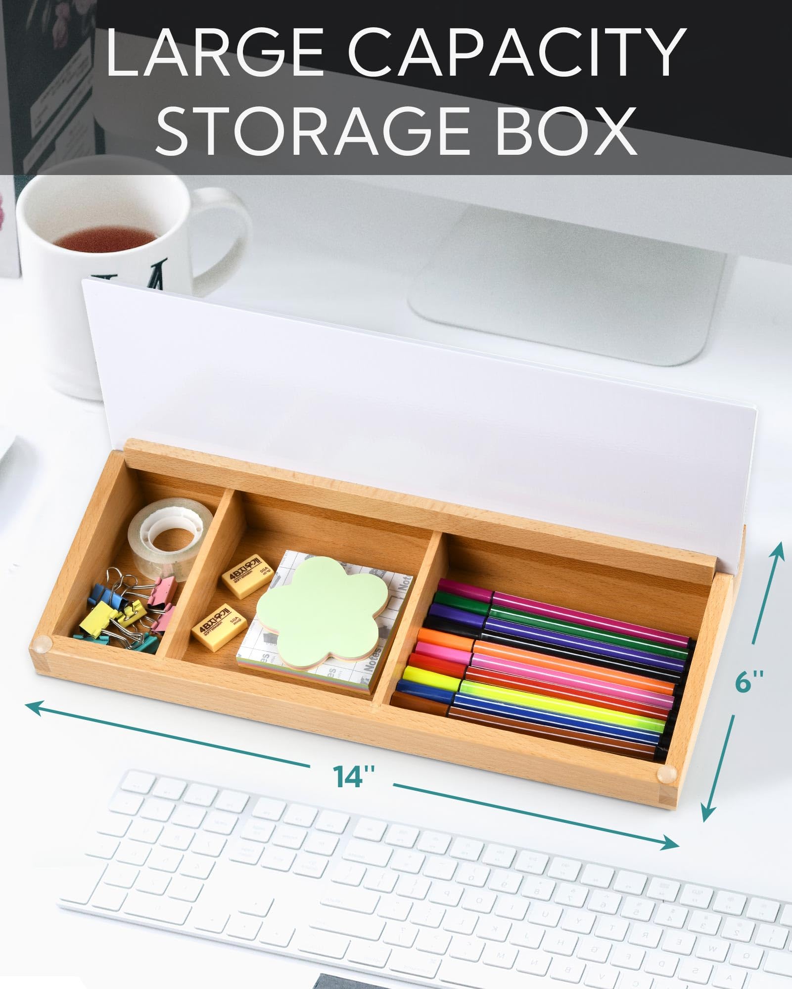 BS-VOG Desk Whiteboard, Glass Desktop Dry Erase Board with Wooden Storage Box, Computer Keyboard Stand with Drawer for Home Office Accessories Supplies Organizer, 2 Markers with Eraser Included