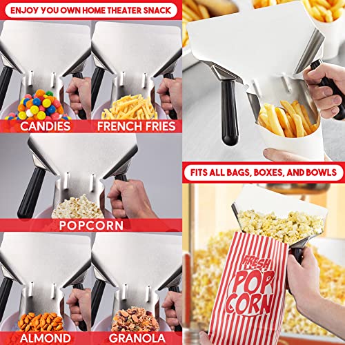 Popcorn Scoop Stainless Steel Commercial French Fry Bagger, 2 Handle Detachable Food Service Scooper for Snacks, Desserts, Ice, & Dry Goods with Reusable Popcorn Containers Bundle